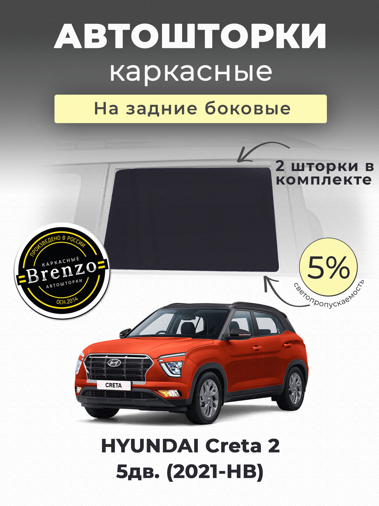 Каркасные шторки HYUNDAI Creta 2 Кроссовер 5дв. (2021 - по н. в.) на задние двери 5%, сетки от солнца в машину