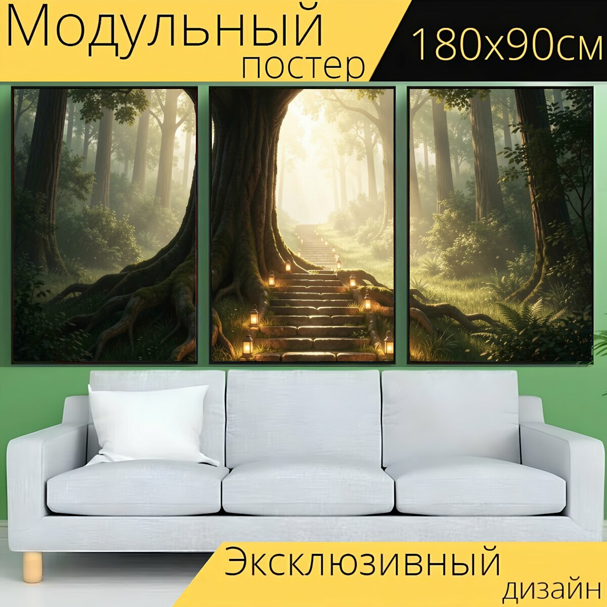 Модульный постер "Волшебная лесная тропа. Таинственный сказочный лес с гигантским деревом, каменными ступенями и мягким золотистым." 180 x 90 см. для интерьера на стену в тубусе