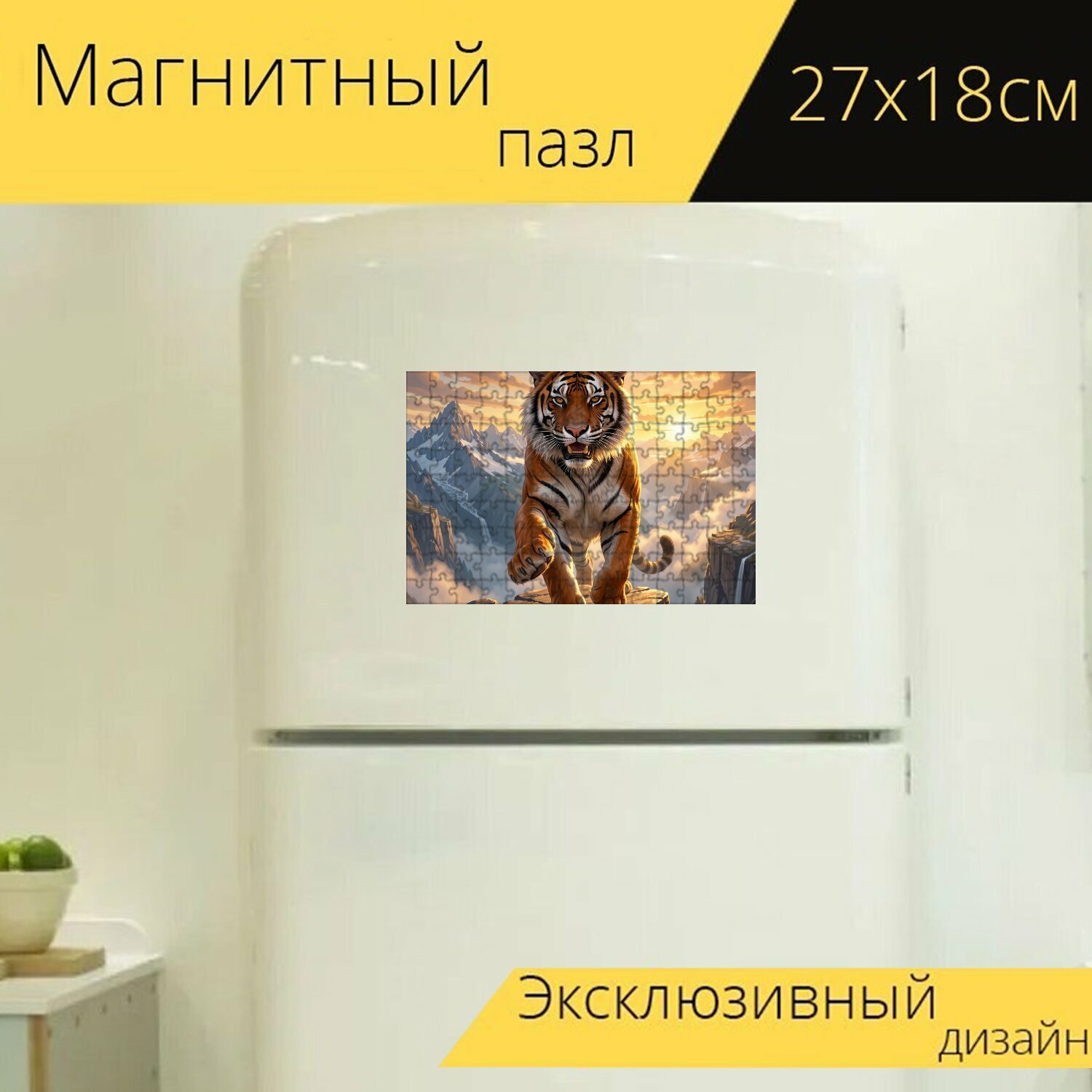 Магнитный пазл "Тигр на фоне горного заката. Реалистичный хищник шагает по каменной скале над облаками, вокруг заснеженные вершины, водопады и золотое." на холодильник 27 x 18 см.
