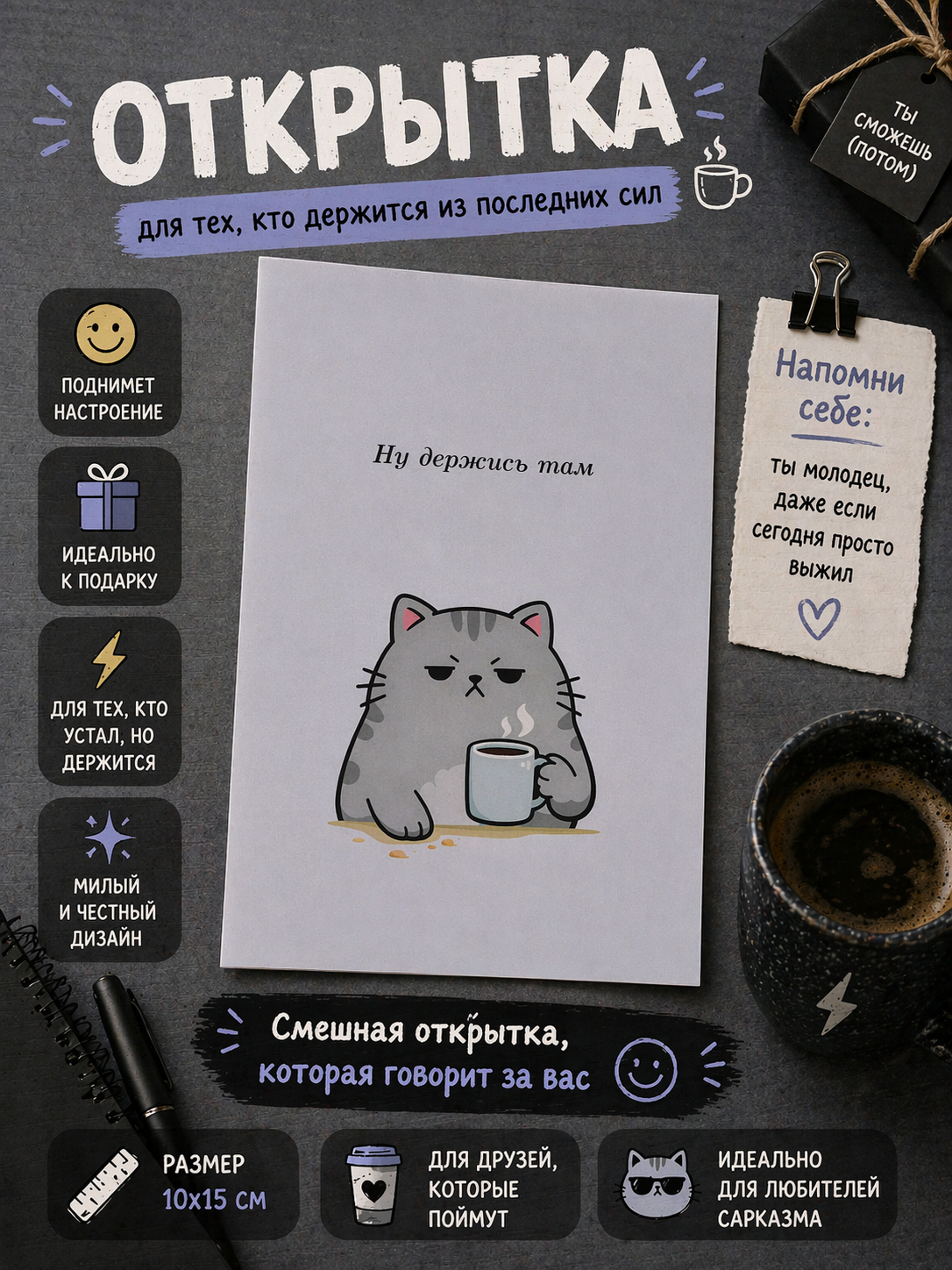 Открытка ArtLove "Ну держись там", с котом, конверт в комплекте, A6
