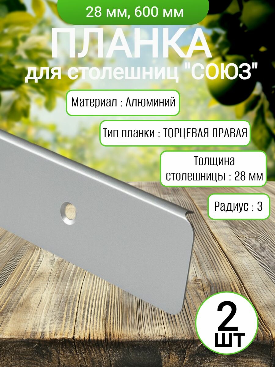 Планка для столешниц "Союз", торцевая, правая, серебристая, длина 60 см, 2 шт.