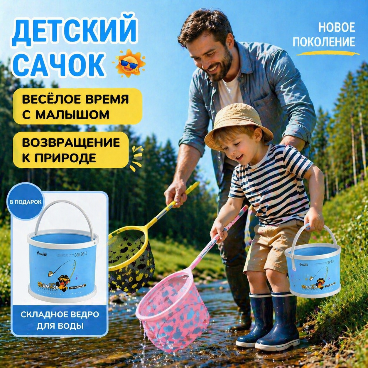 Детский сачок для ловли насекомых и рыбы на улице, с набором сетки и удочкой