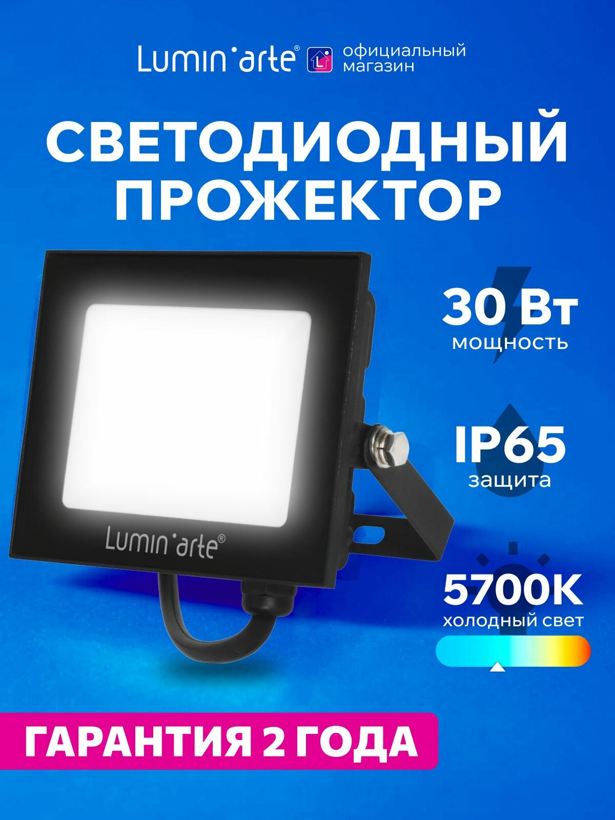 Прожектор светодиодный уличный 30Вт, 2400 Лм, 5700К, влагозащита IP65