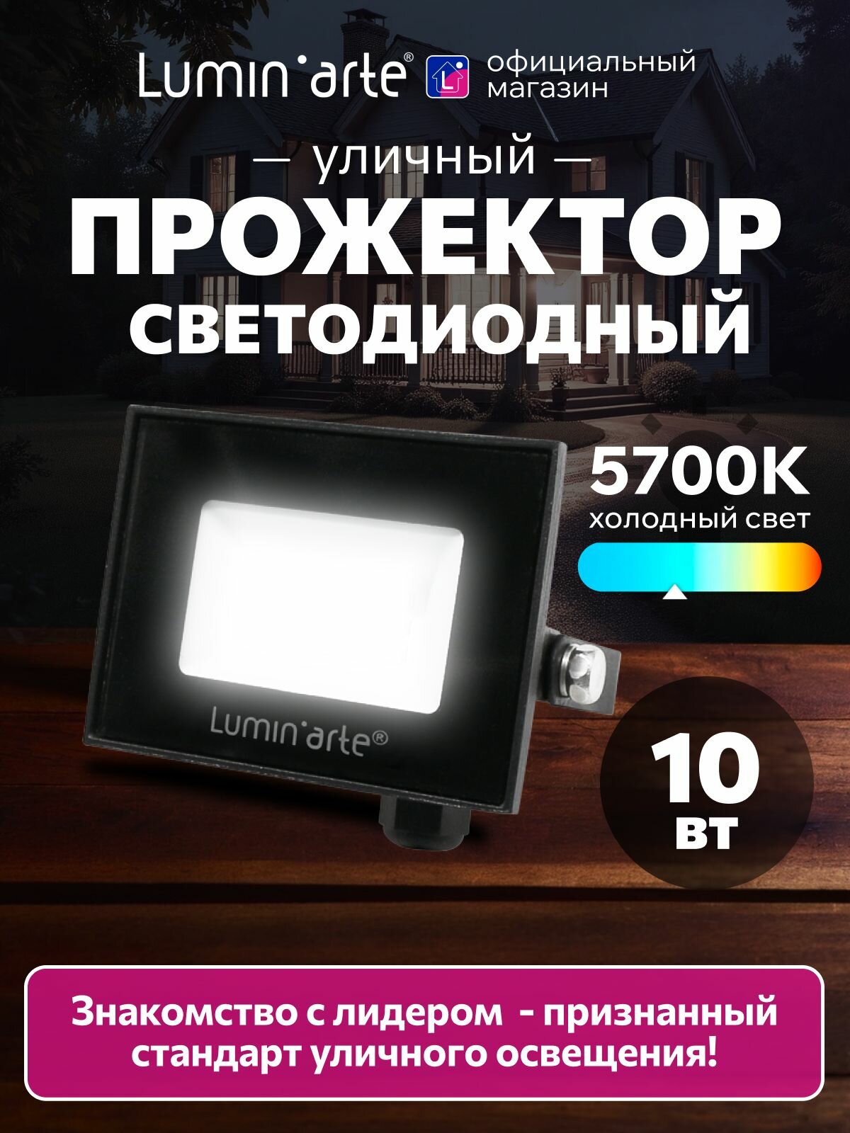 Прожектор светодиодный уличный 10Вт, 800 Лм, 5700К, влагозащита IP65