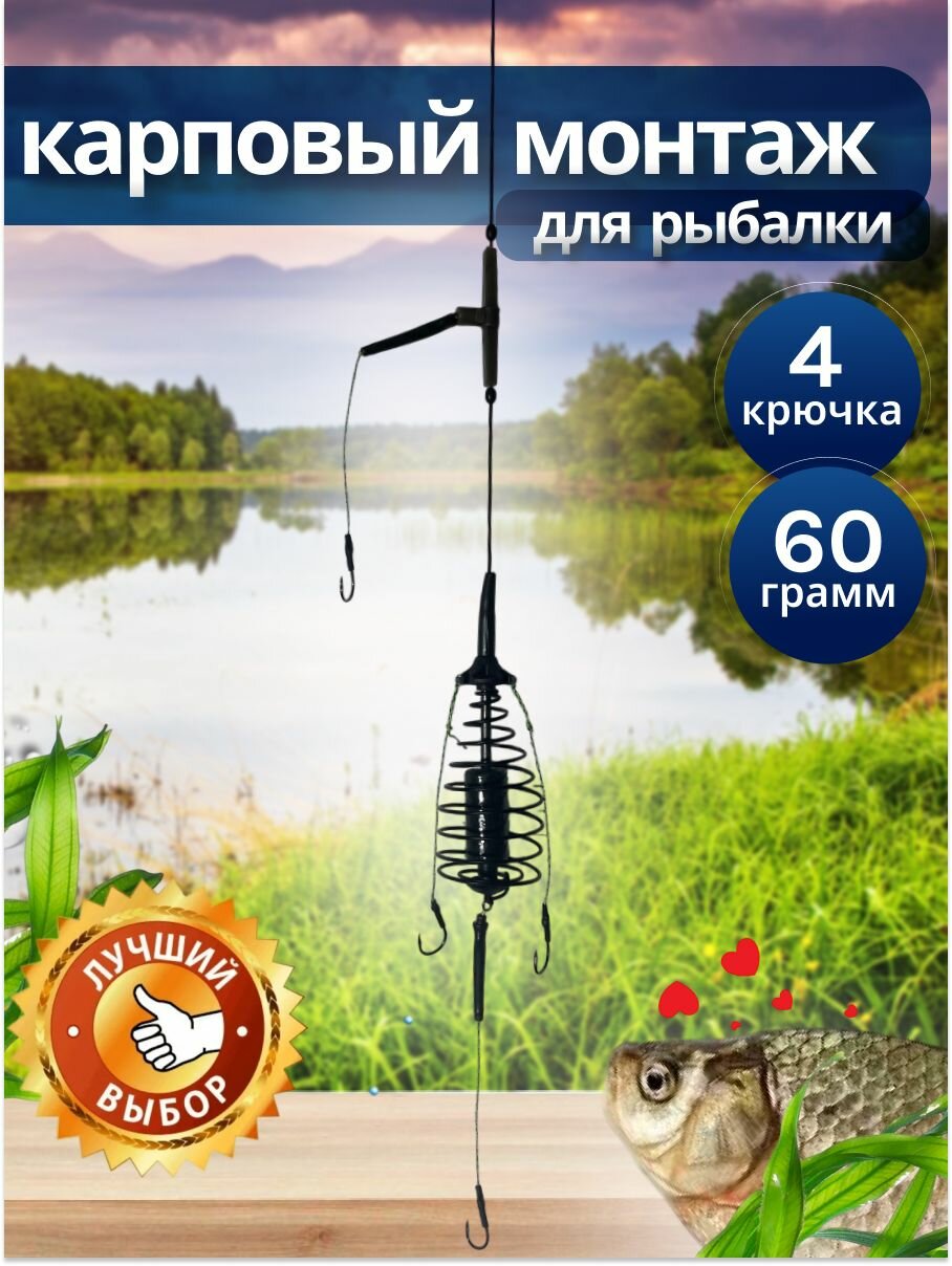 Снасть 60 гр "Готовый карповый монтаж", для ловли карпа, 4 крючка, пружинный тип