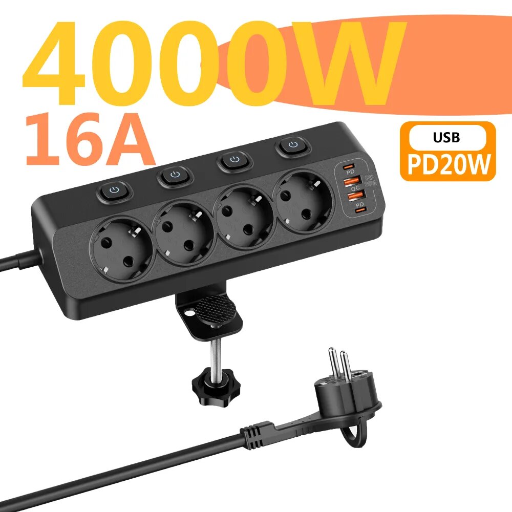 Фильтр питания с независимым выключателем для быстрой зарядки PD20W. Фиксированное крепление с возможностью ручной регулировки, идеально подходит для офисов, кабинетов, спален и подобных помещений.
