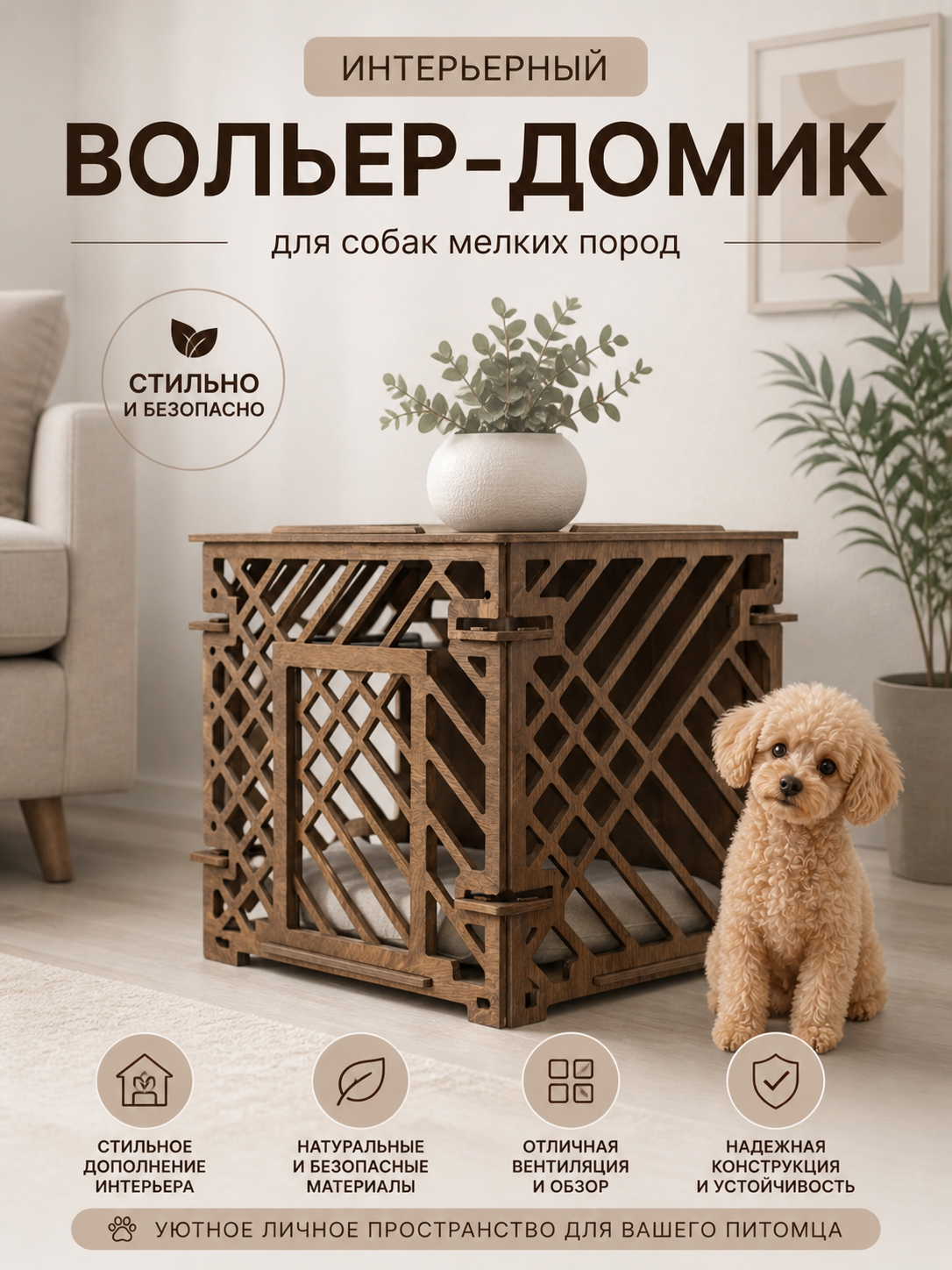 Деревянный вольер, домик, клетка для кошки или собаки в квартиру 70см*50см*60см, цвет шоколад