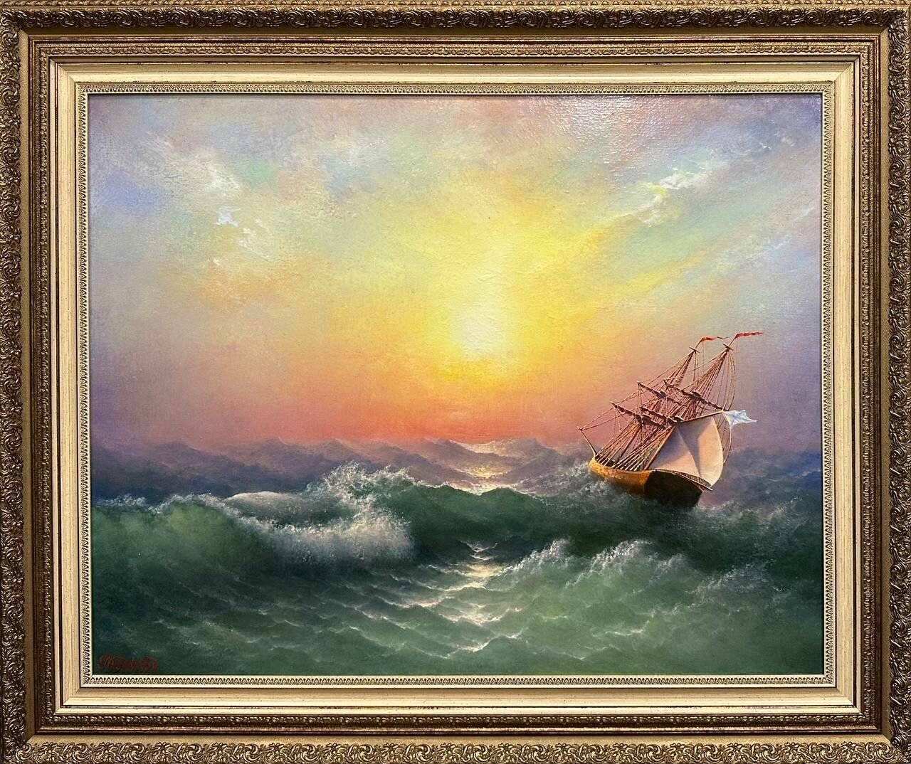 Картина маслом, морской пейзаж "По волнам". Холст/Масло. Размер 60х75. Автор Яков Гольдфельд.