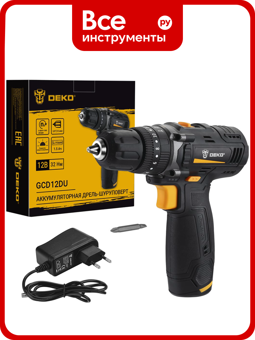 Дрель-шуруповерт ударная аккумуляторная DEKO GCD12DU 12В, 1x1.5Ач 063-4039
