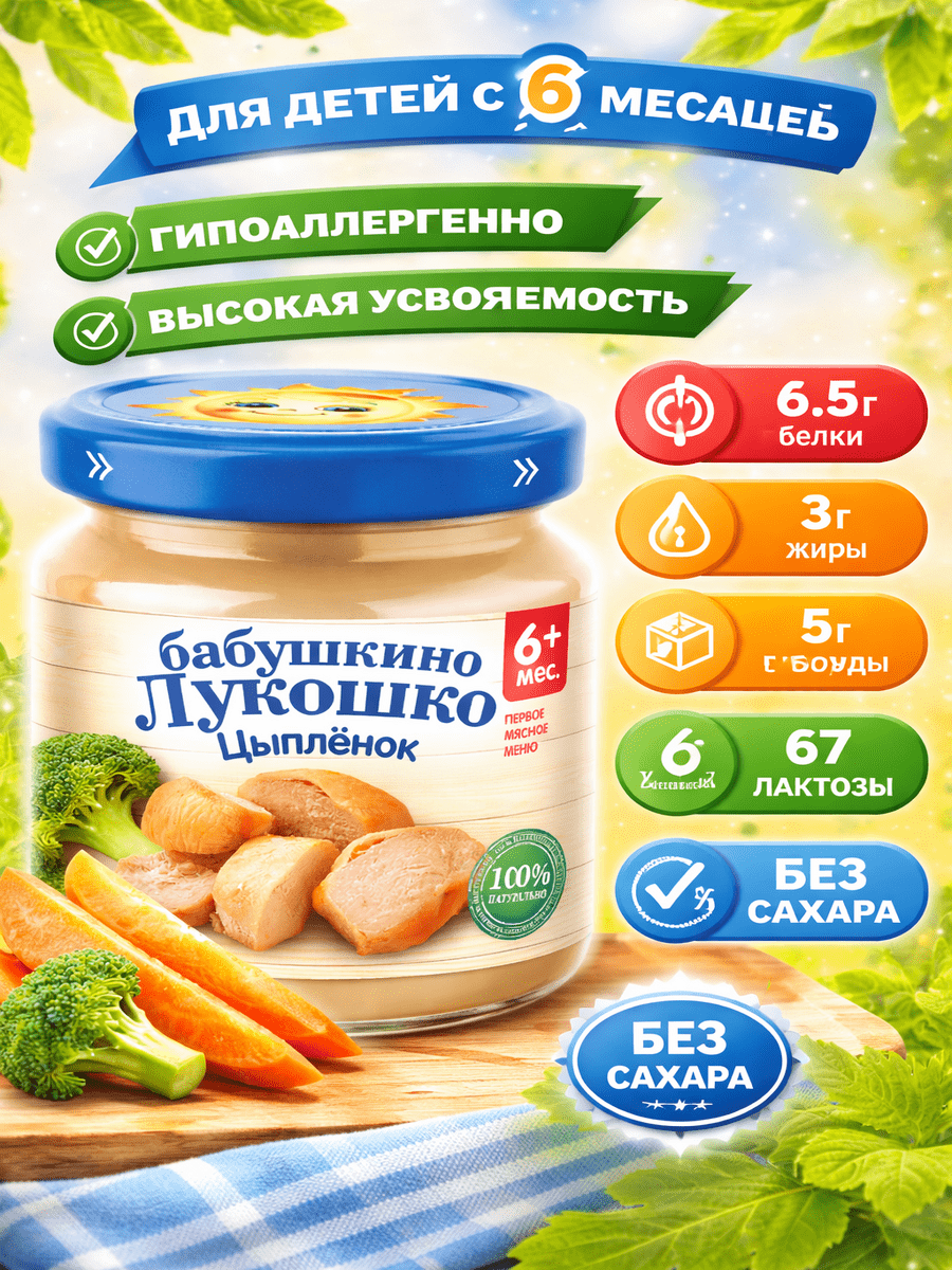 Пюре мясное детское Бабушкино Лукошко Цыпленок с 6 месяцев, 100г