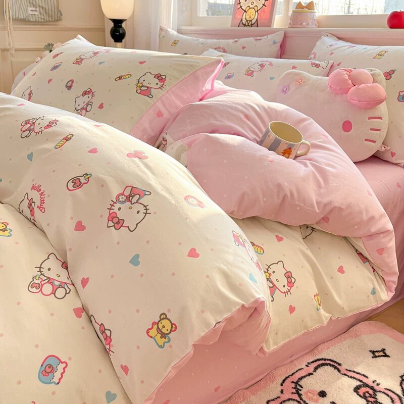 Детский комплект постельного белья Hello Kitty из четырех предметов: простыни и пододеяльники из чистого хлопка с