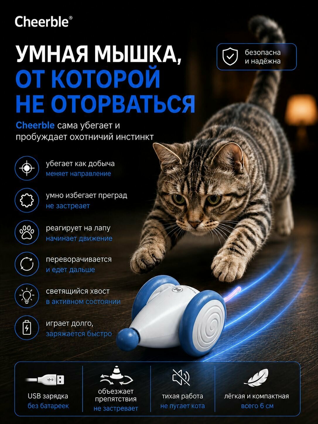 Игрушки для кошек мышка интерактивная дразнилка Cheerble Wicked Mouse, синяя