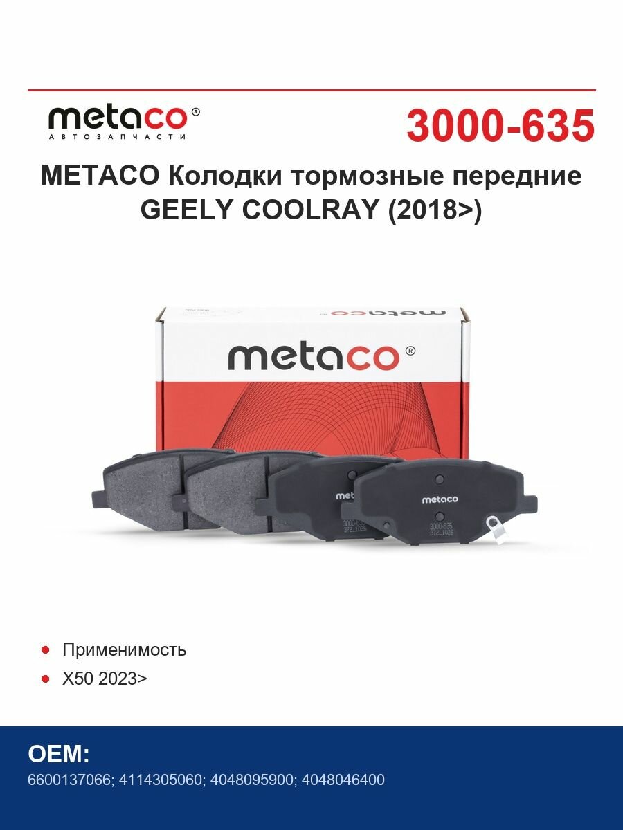 METACO Колодки тормозные передние GEELY COOLRAY (2018>)