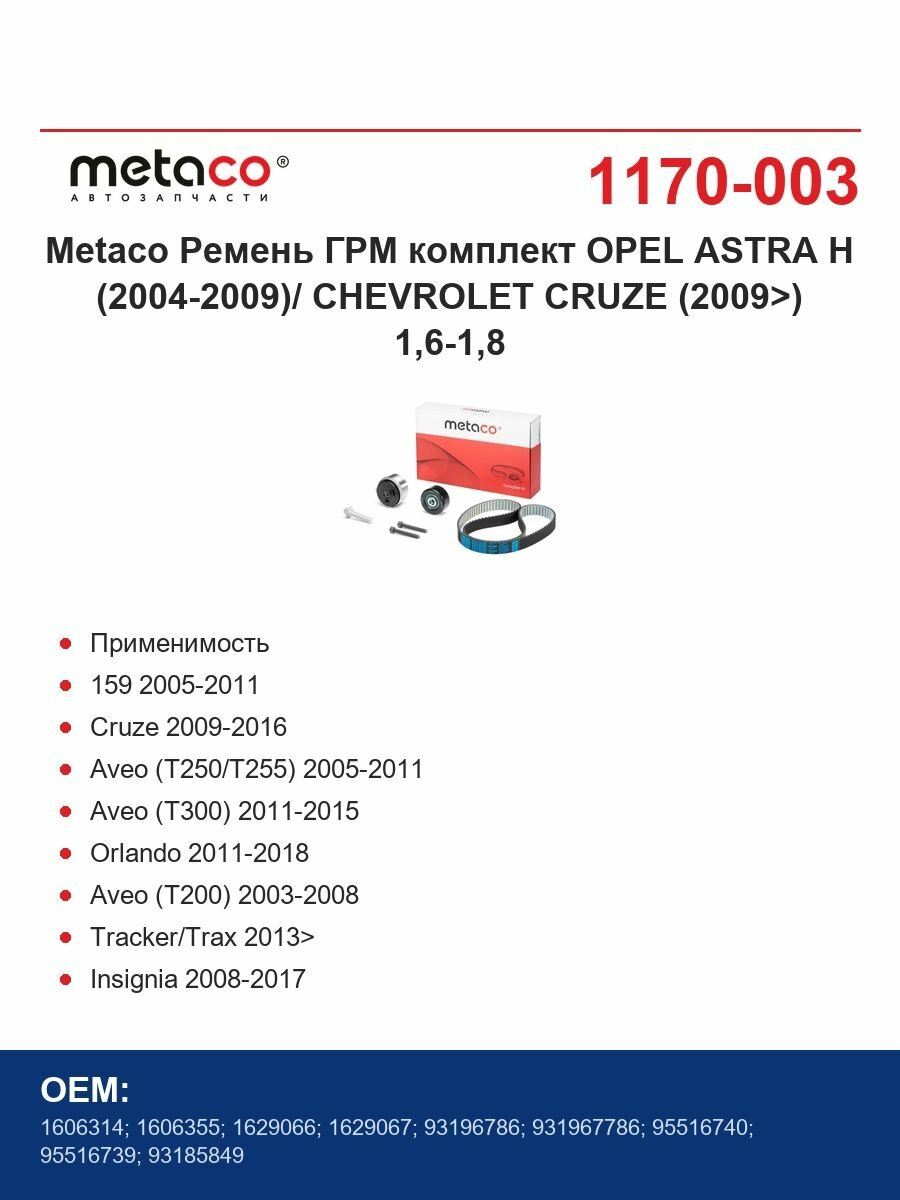 Metaco Ремень ГРМ комплект OPEL ASTRA H (2004-2009)/ CHEVROLET CRUZE (2009>) 1,6-1,8