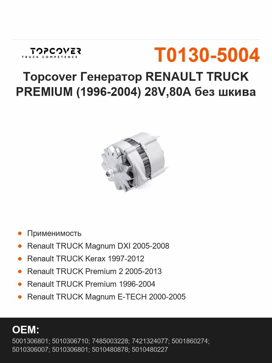 Topcover Генератор RENAULT TRUCK PREMIUM (1996-2004) 28V,80A без шкива