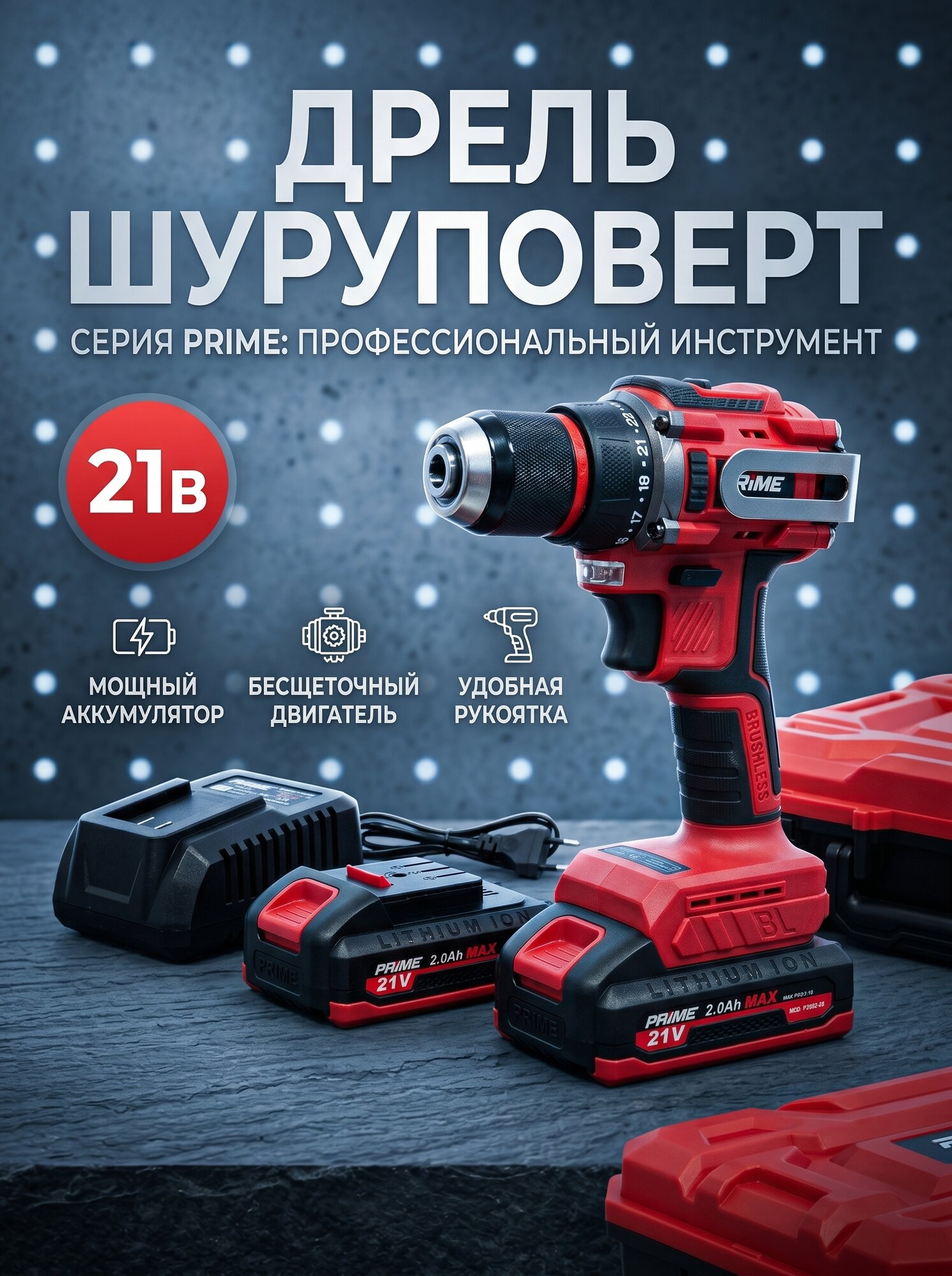 Аккумуляторный бесщеточный шуруповерт-дрель Prime P2002-10В, 70Нм, 2000об/мин, кейс, ЗУ, 2акб, мощный