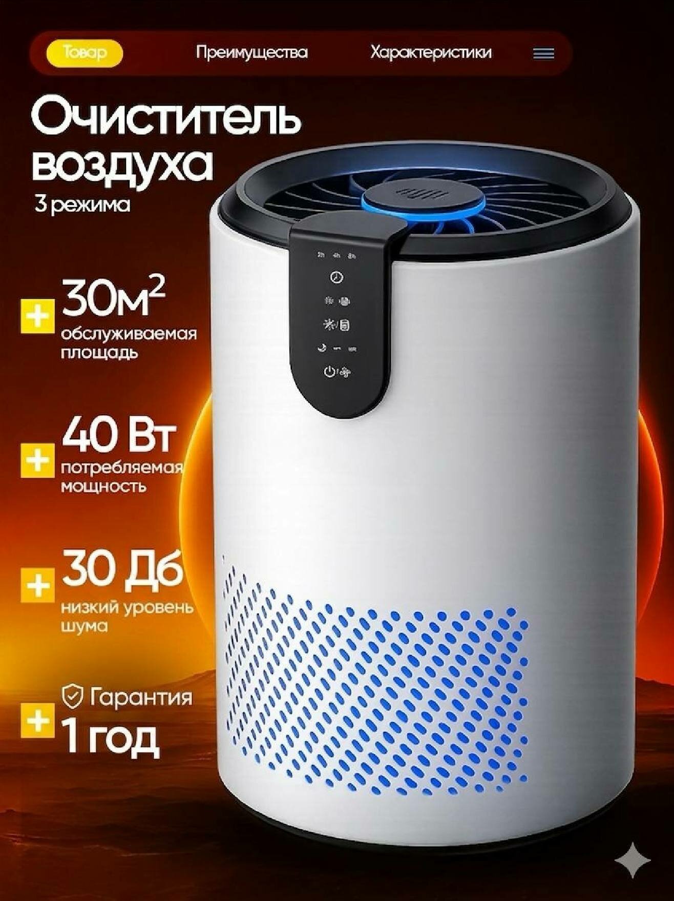 Очиститель воздуха для квартиры и дома от пыли и шерсти до 50м , с HEPA H13 фильтром, UV-дезинфекцией, ионизацией, ароматизацией