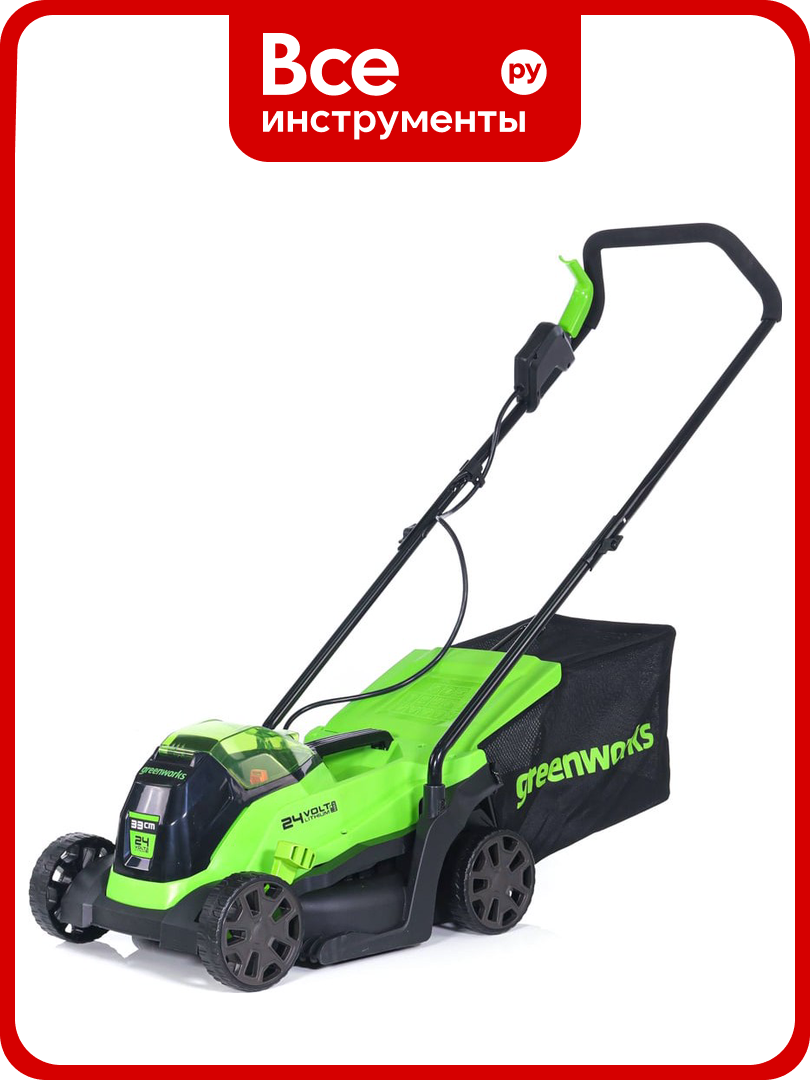 Газонокосилка аккумуляторная GreenWorks 24V, 33 см, бесщеточная, с 1хАКБ 2Ач c USB и ЗУ 2516107USB2, пластиковая