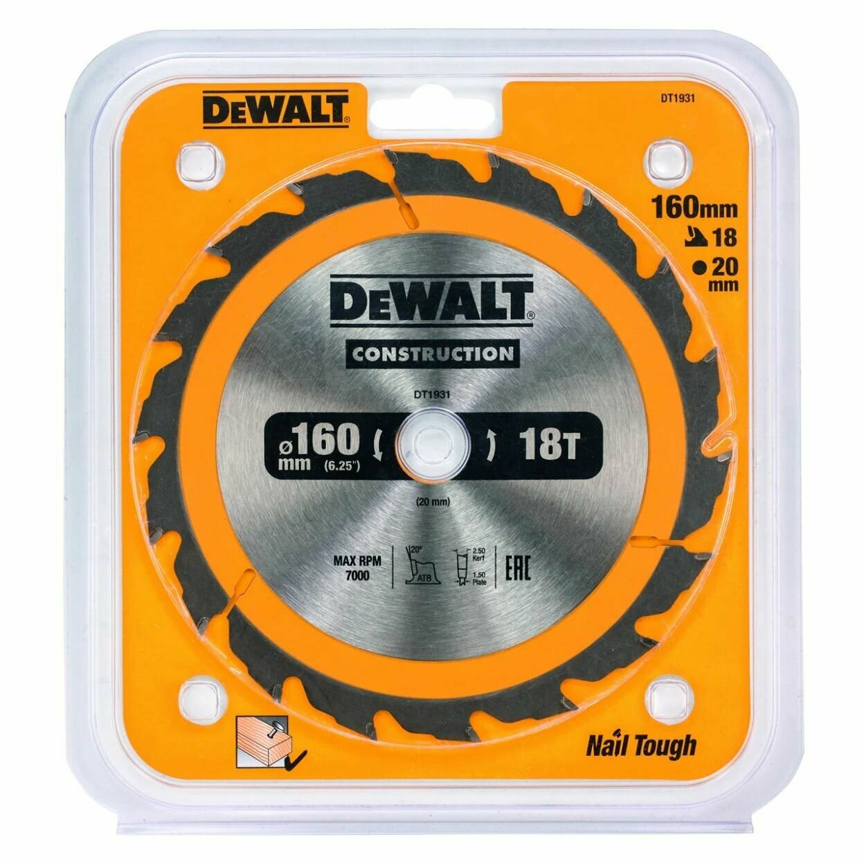 Пильный диск DeWalt CONSTRUCTION 160/20 18 ATB +20° DT1931-QZ