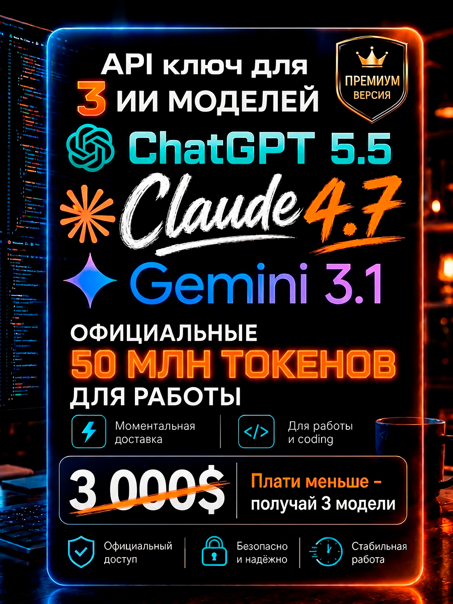 ChatGPT 5.5 + Claude Opus 4.8 + Gemini 3.1 PRO API-ключ 50 МЛН токенов|Официальный API ключ на все модели 50 млн токенов