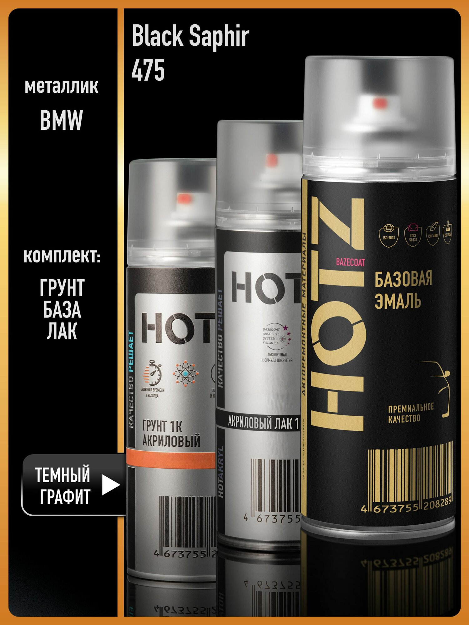 Комплект: (Краска аэрозольная 1K "BMW Black Saphir 475" 520 мл + Грунт 1К выравнивающий, темный графит, 520 мл + Лак 1К, 520 мл.), HOTZ
