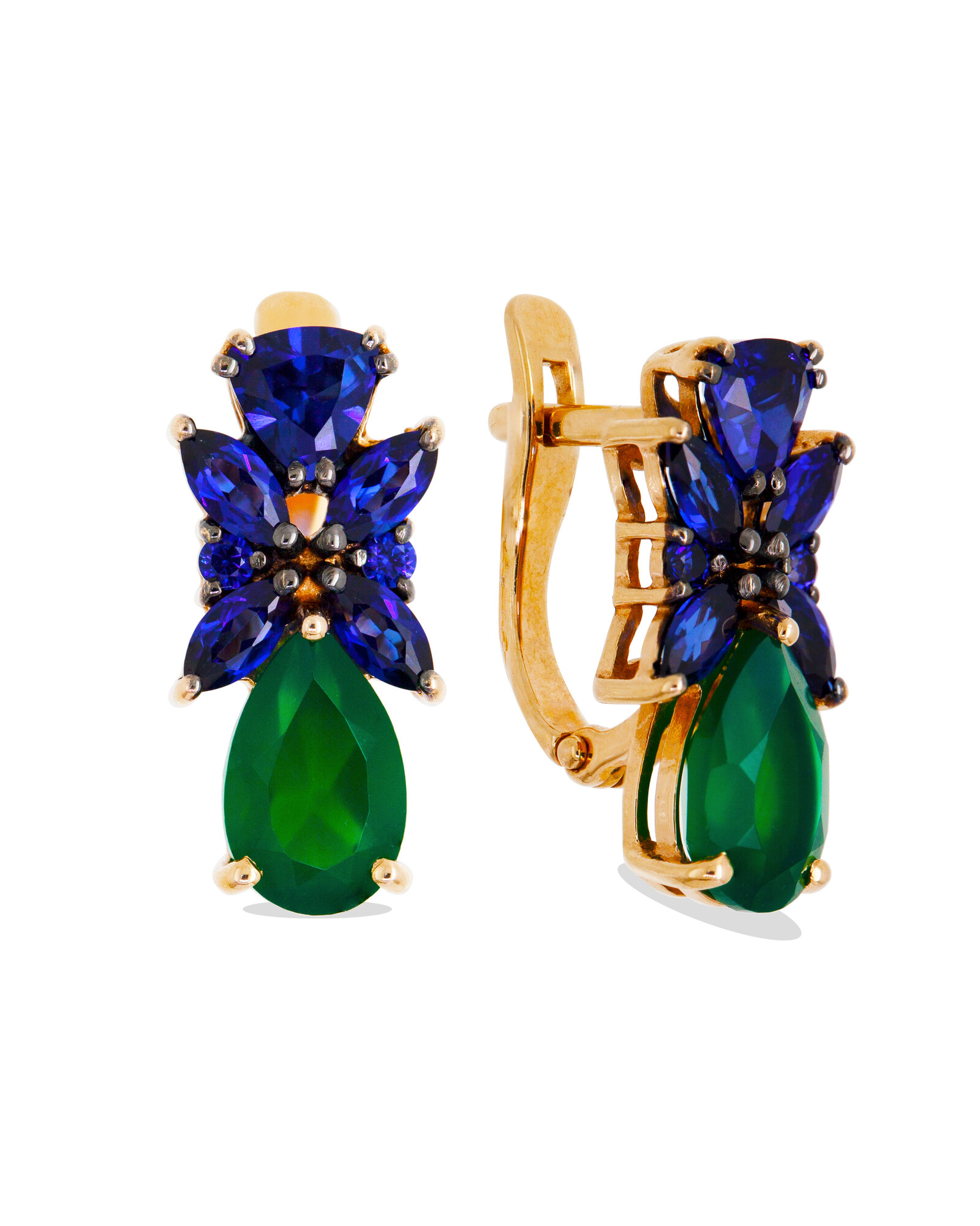 Серьги двусторонние, красное золото, 585 проба, корунд, агат