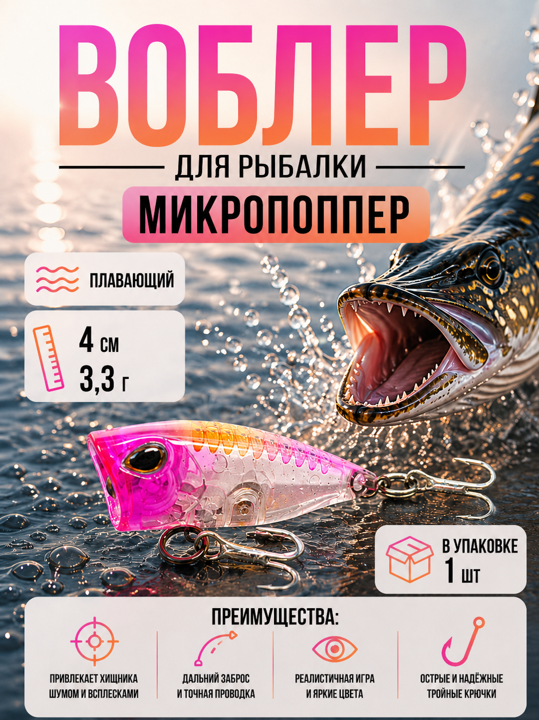 Воблер микропоппер, плавающая поверхностная приманка, с тройными крючками, 4 см/3,3 г , розово-желтая