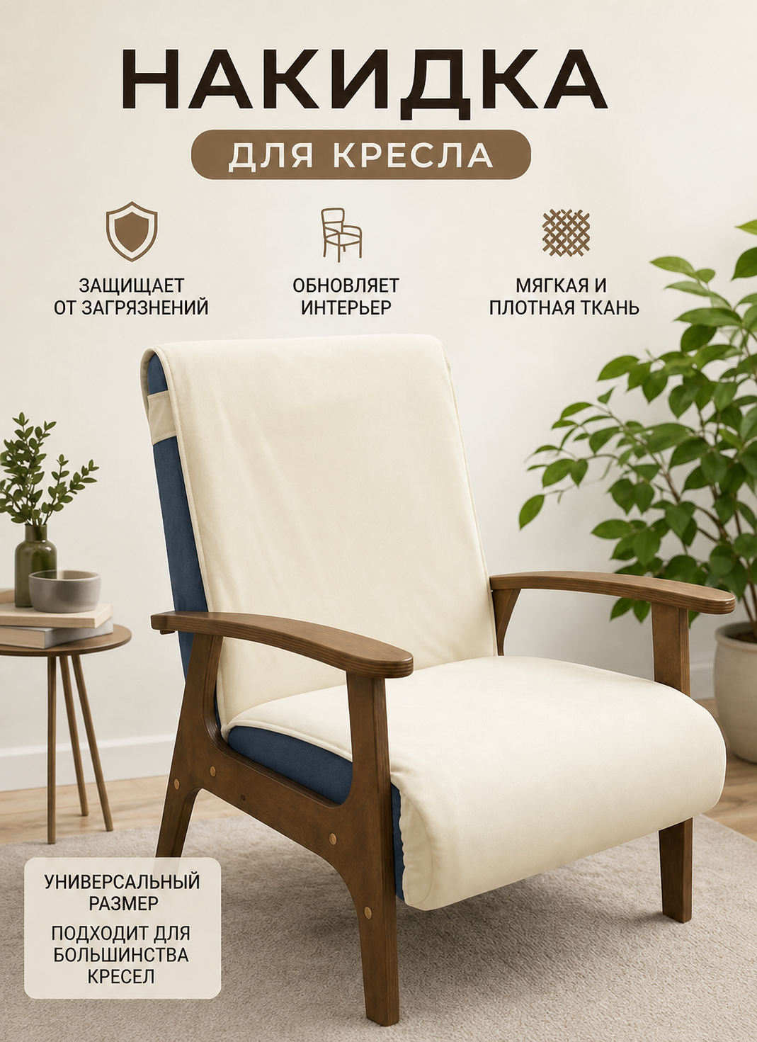 Чехол накидка на кресло универсальный из мягкого велюра защита и обновление мебели