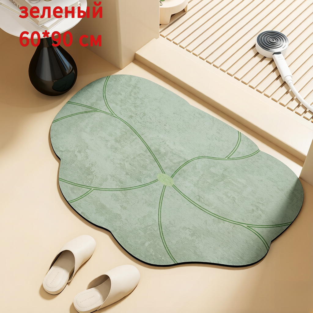 Зелёный коврик из диатомита — Размер 60×90 см. Впитывает воду, быстросохнущий, противоскользящий. Для ванной и туалета