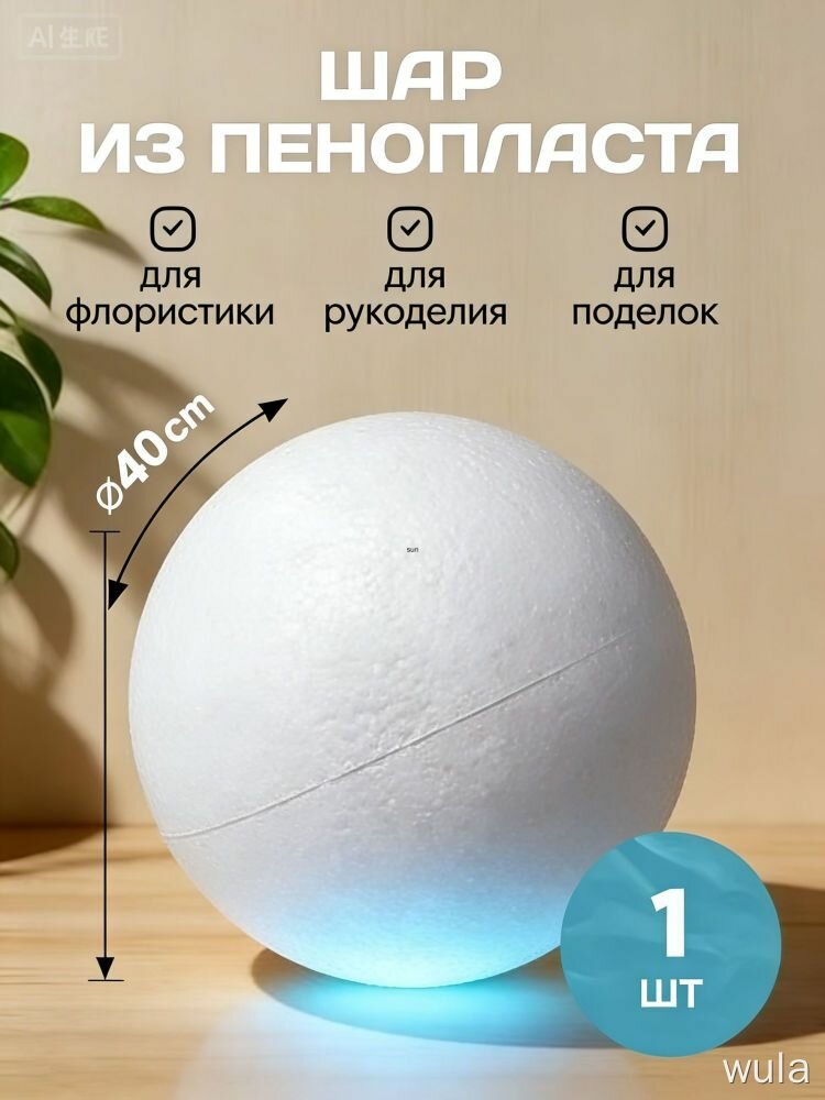 Шар из пенопласта wula, 40 см, для поделок, флористики, рукоделия, шар