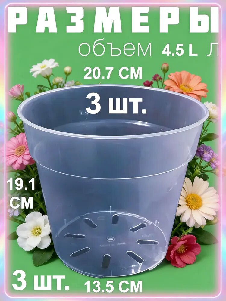 Горшок для цветов 4.5 л, 19.1 см, 3 шт, цвет прозрачный
