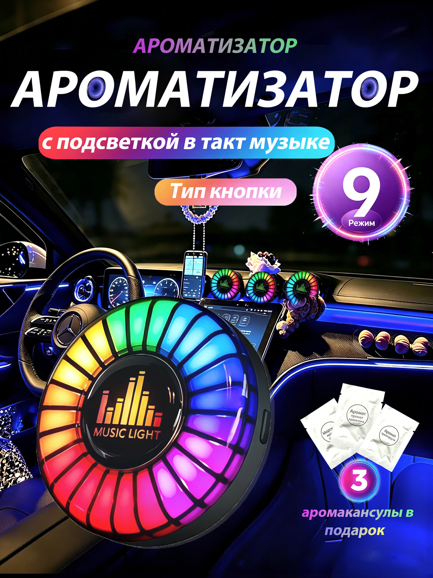 Ароматизатор в машину с подсветкой RGB/Тип кнопки/Бесплатные три вида ароматных ломтиков (одеколон/океан/грейпфрут)/6 см освежитель воздуха для салона авто цветная подсветка три аромата
