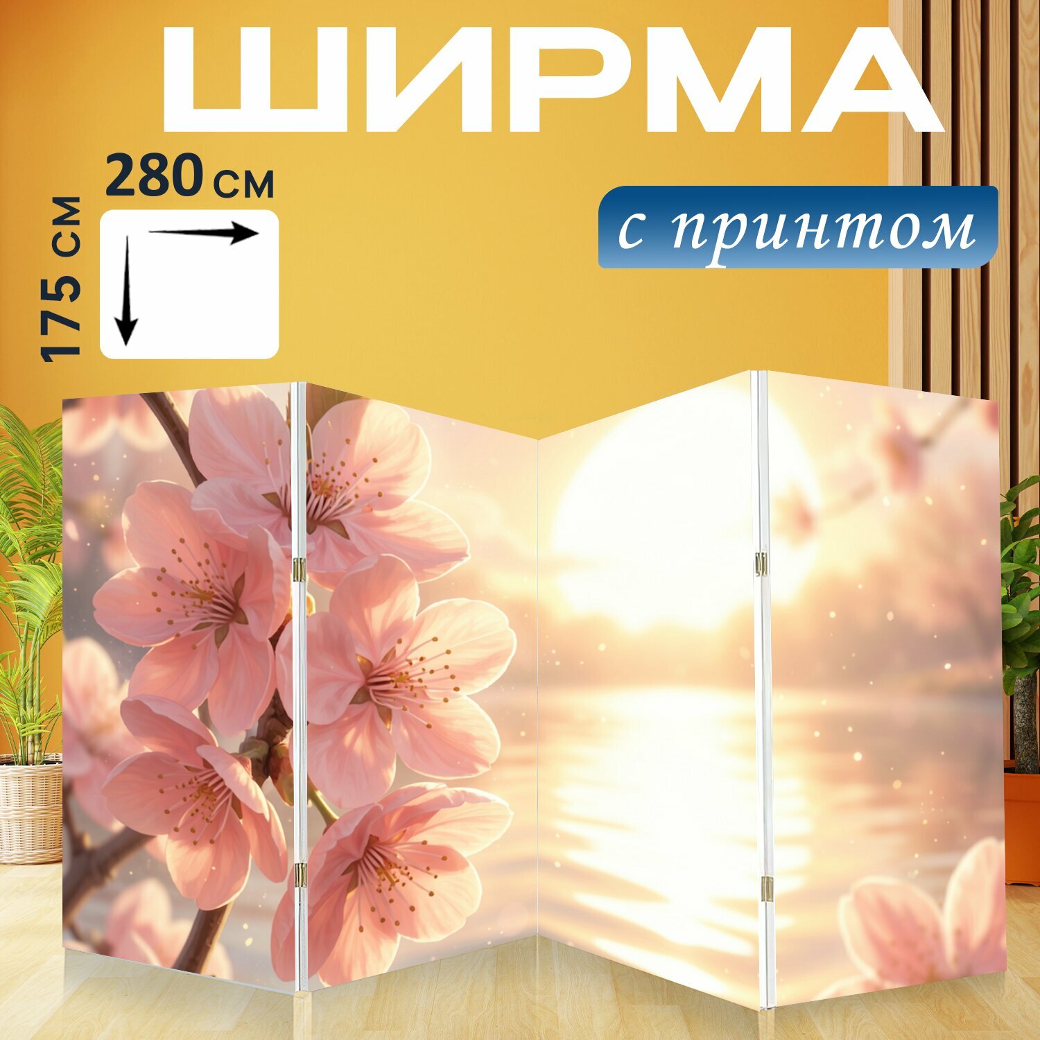 Ширма "Крупные нежно-розовые цветы сакуры на ветке, близкий план с несколькими распустившимися цветками на." перегородка для зонирования комнаты с принтом 280x175 см. на холсте