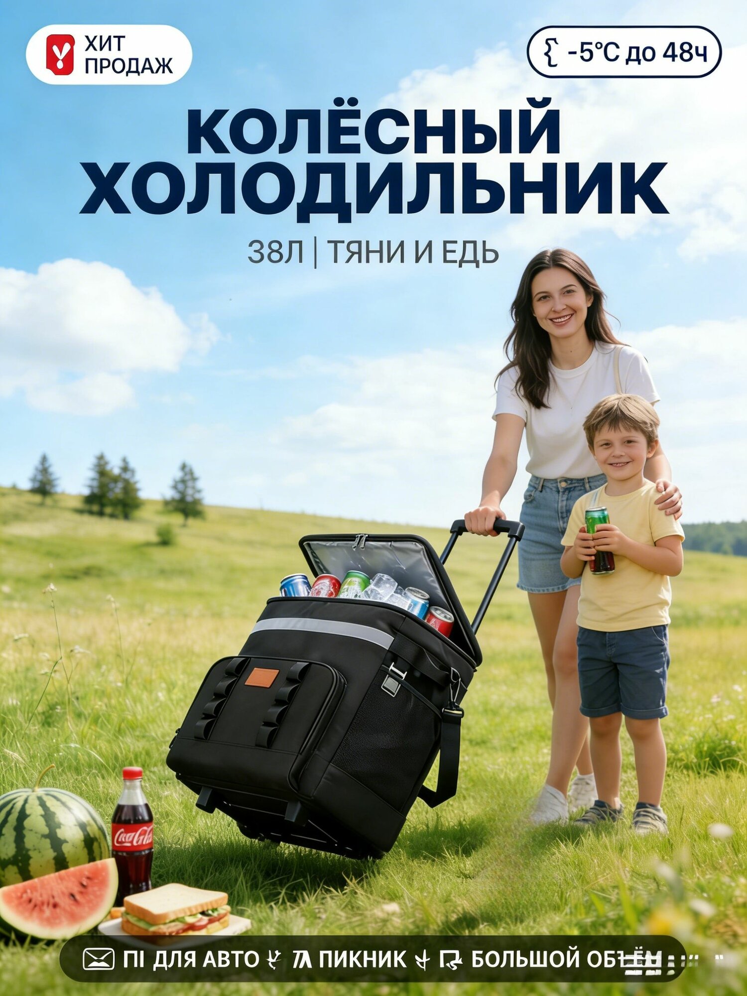 Термобокс, сумка-холодильник, на колёсах, с телескопической ручкой, чёрный