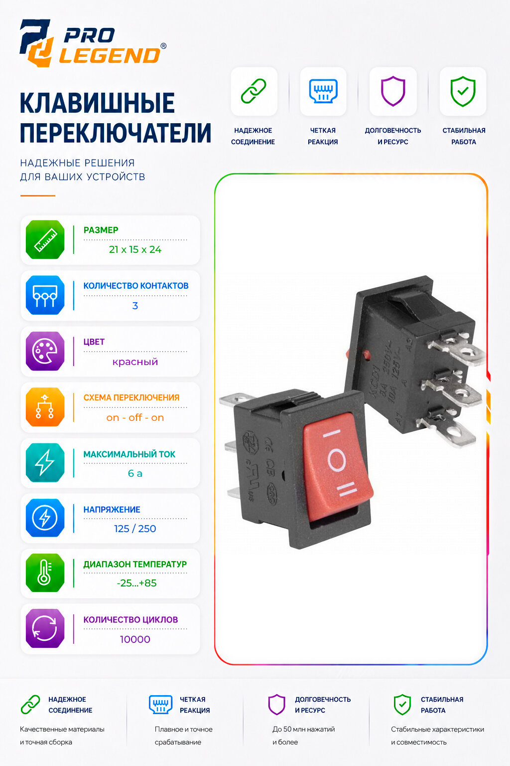 Клавишный переключатель ON-OFF-ON, 3 контакта, красный