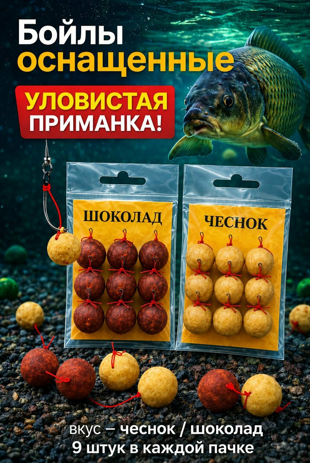 Оснащенные бойлы Чеснок Шоколад для рыбалки на карпа и карася, готовая насадка с крючком, набор 2 шт
