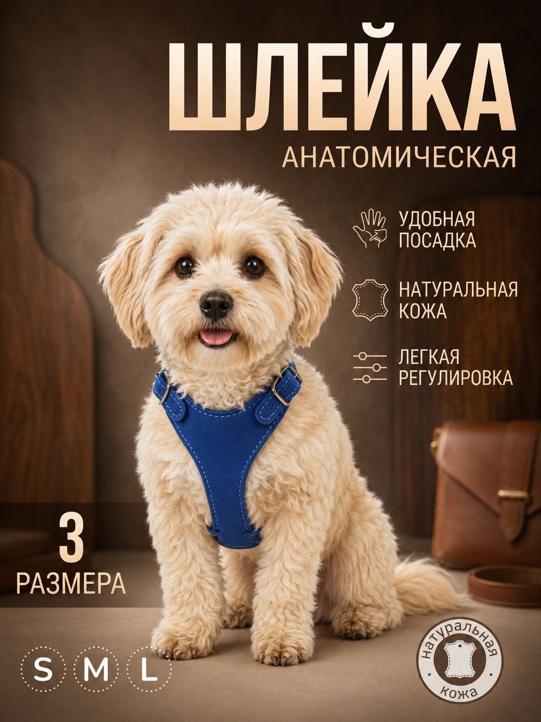 Шлейка для собак и кошек мелких пород до 6кг из натуральной замши, цвет Синий размер L