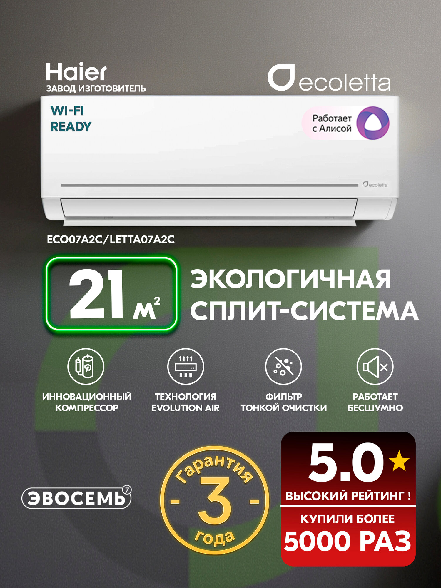 Сплит-система Ecoletta ECO07A2С/LETTA07A2C (новинка 2026), для помещения до 21 кв. м.