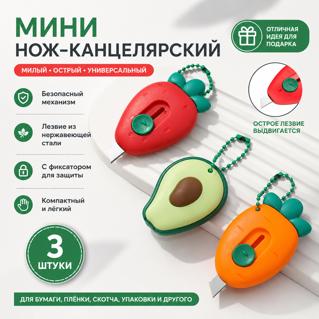 Мини канцелярский нож брелок с выдвижным лезвием, набор 3 шт
