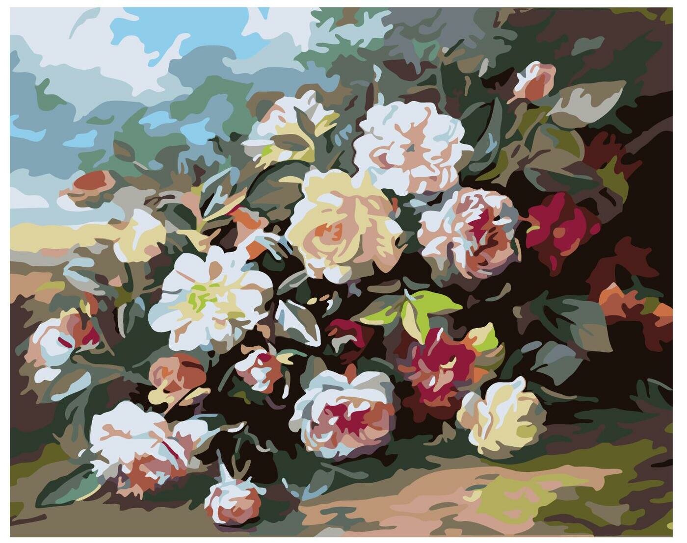 Картина по номерам, 40 x 50, F01, букет цветов, розы, пионы, пейзаж, натюрморт