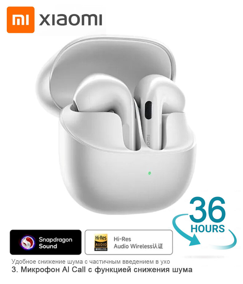 Наушники XiaomiBuds6 ，Bluetooth, полуушные, со встроенным микрофоном, поддержка Bluetooth, USB Type-C - белый