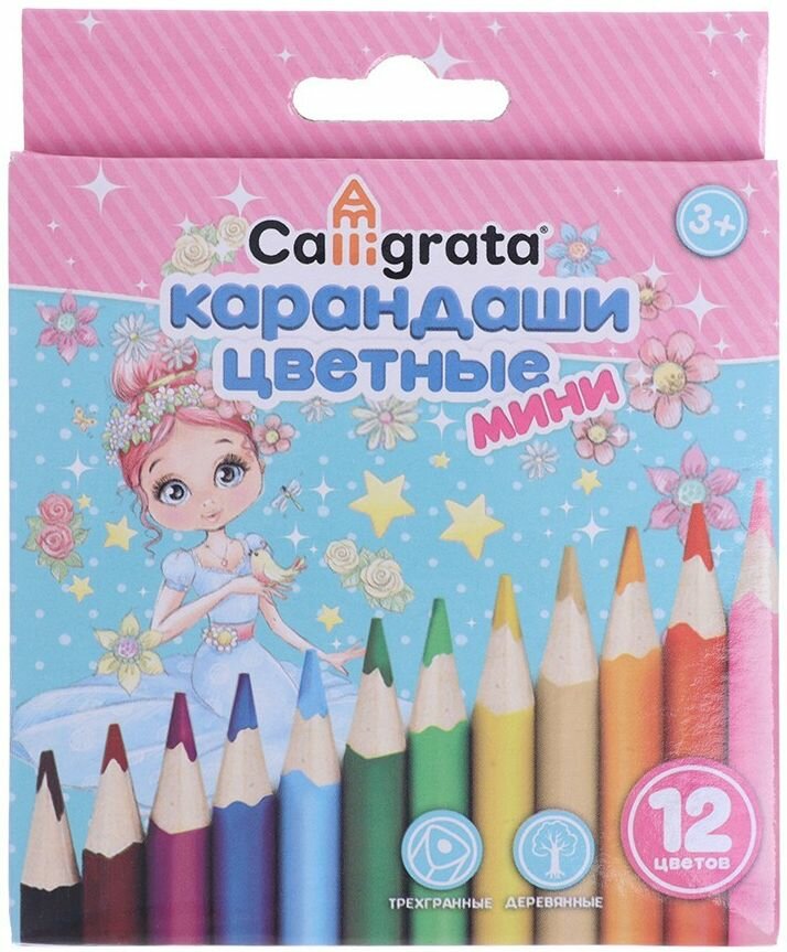 Карандаши цветные заточенные мини "Принцесса" для детей, набор из 12 цветов в картонной коробке, корпус треугольный деревянный. Товар уцененный