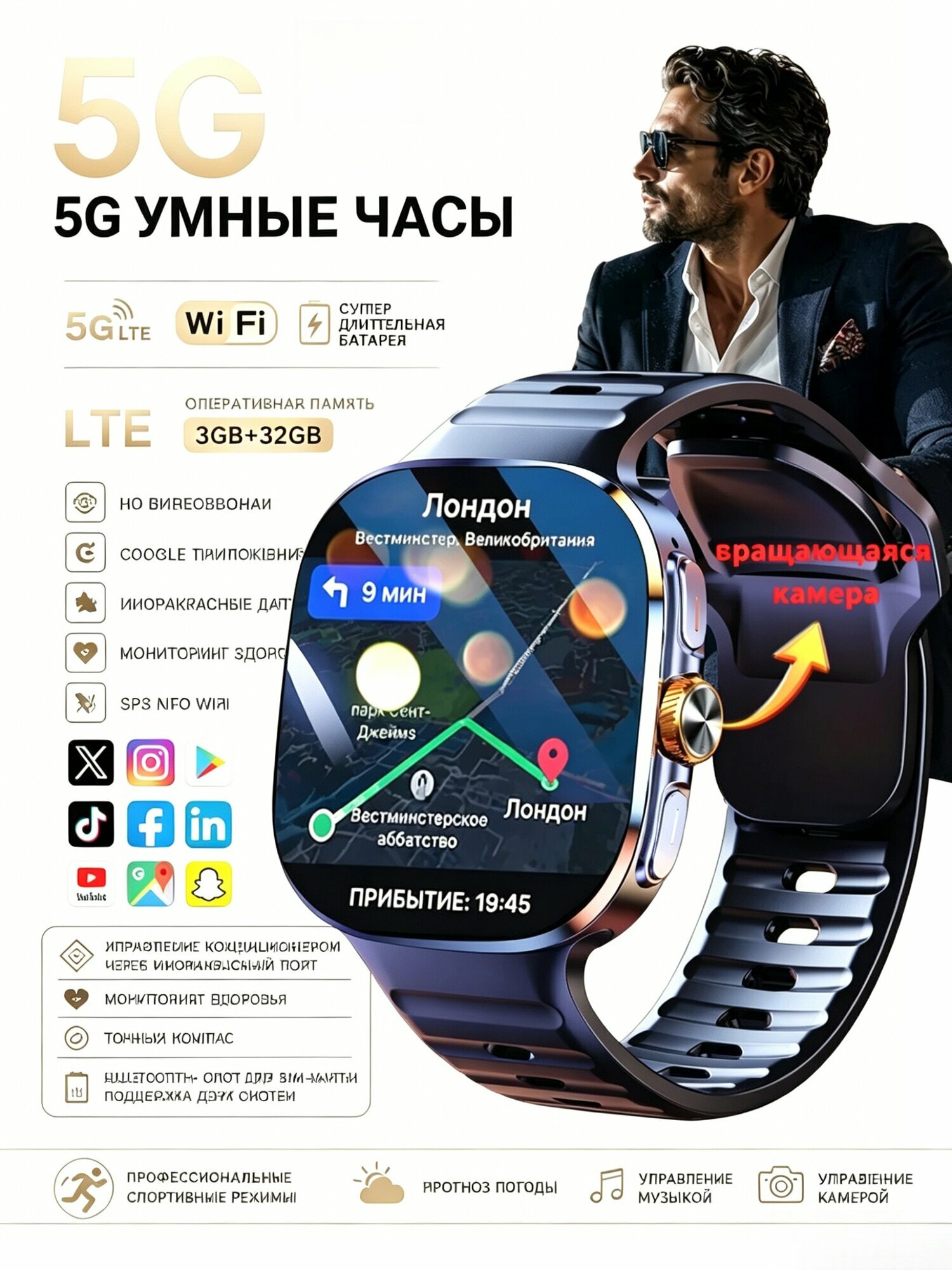 Умные часы 5G, поддержка Wi-Fi, GPS, 3 32 ГБ, с вращающейся камерой, слот для SIM-карты, черные