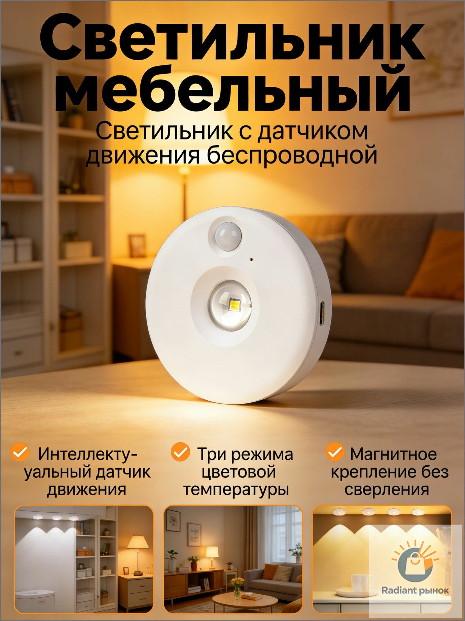 Светильник мебельный с датчиком движения беспроводной, накладной светодиодный спот 3 цвета