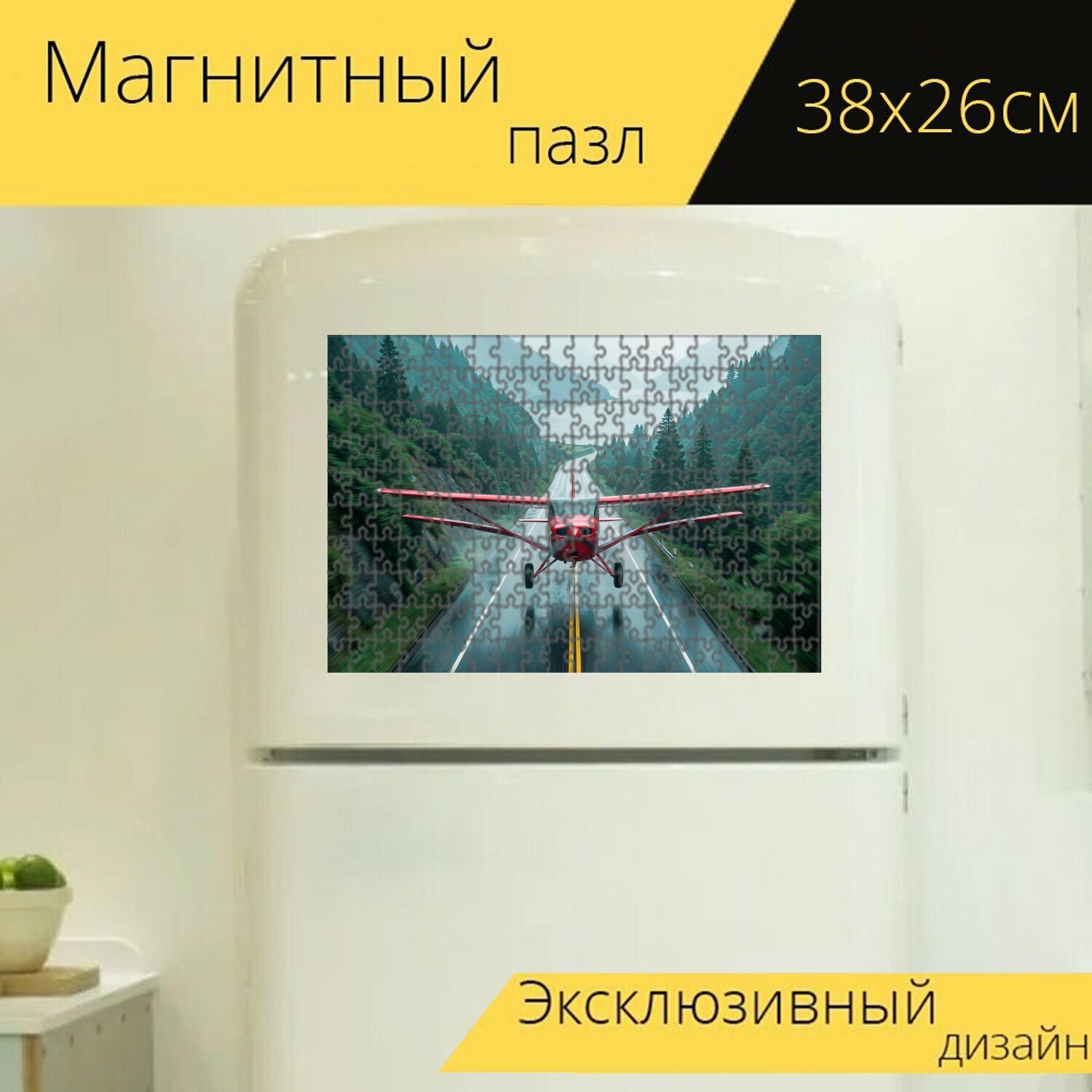 Магнитный пазл "Красный самолёт над серпантином. Низкий полёт лёгкого борта над мокрым шоссе среди хвойных склонов и горного озера, мягкий туман, холодные." для интерьера, 38х26 см.