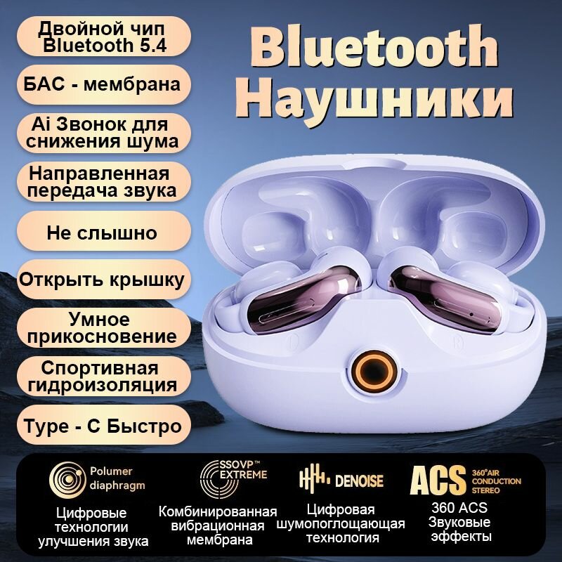 Открытые беспроводные наушники с G-креплением. Bluetooth 5.4, шумоподавление, долгая работа, для спорта.