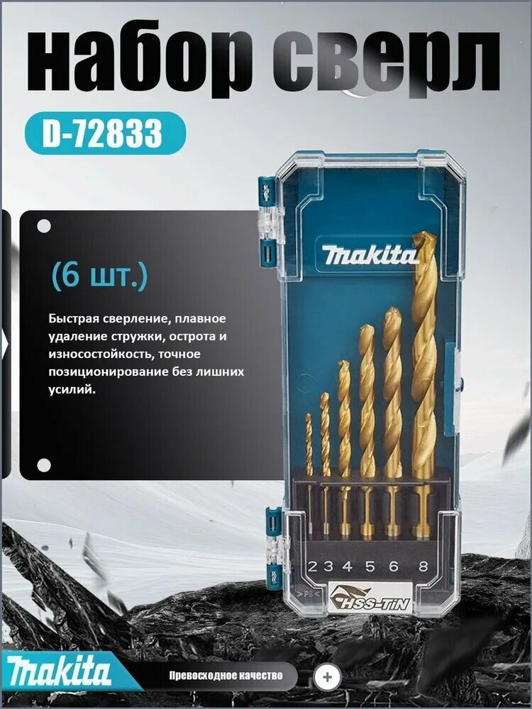 Принадлежности для сверления электродрелей Makita, набор спиральных сверл с титановым покрытием, 6шт (2/3/4/5/6/8) D-72833