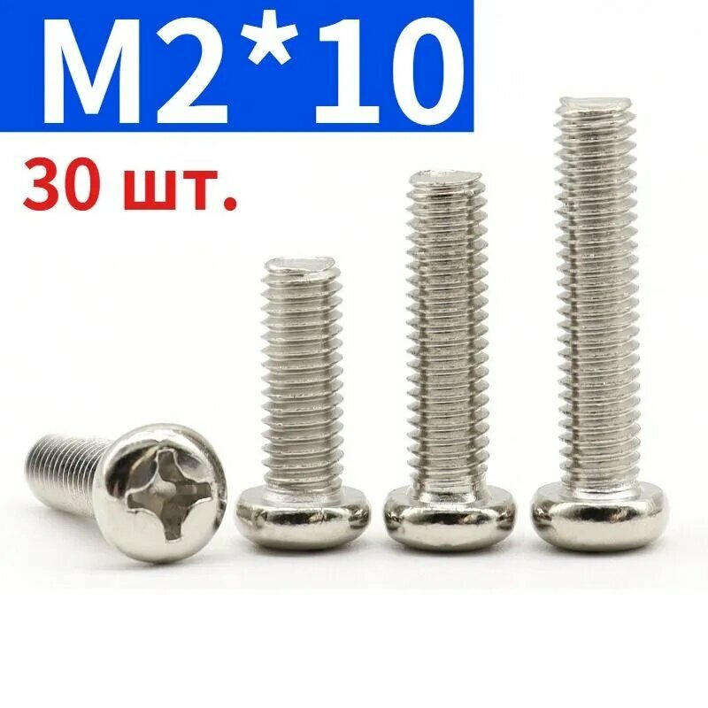 Винт M2 x 2 x 10 мм, головка: Полукруглая, 30 шт.