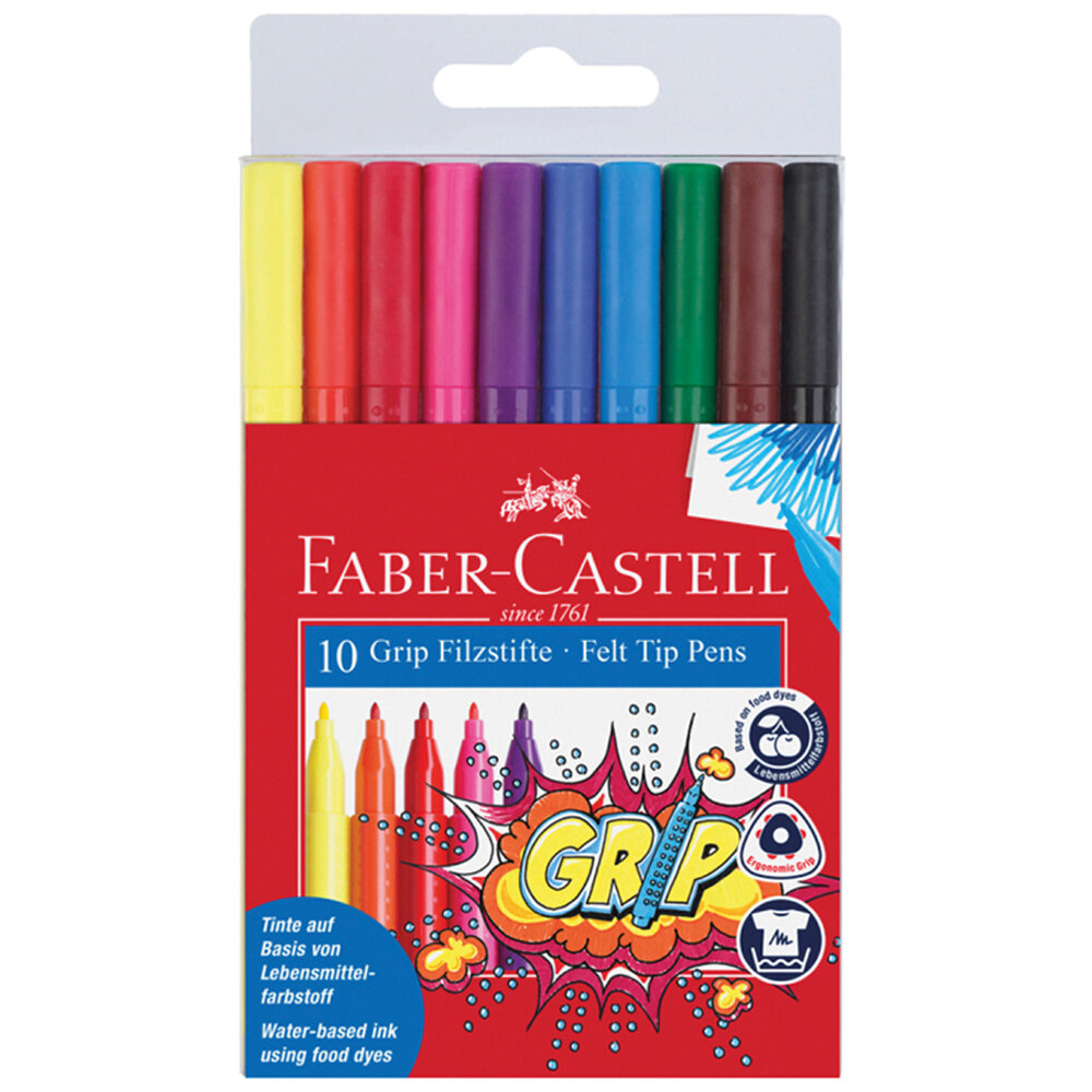 Набор фломастеров смываемых Faber-Castell "Grip", 10цв, трехгранные, на водной основе пластик. уп, европодвес