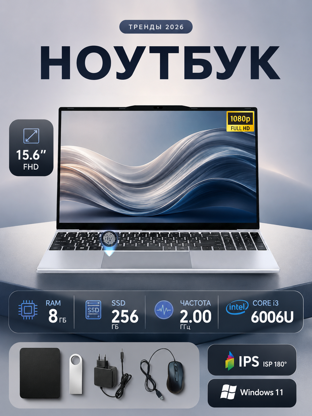 Ноутбук для работы и учебы 15.6" Intel® Core™ i3,1920x1080 IPS,8GB RAM SSD 256GB Windows 11